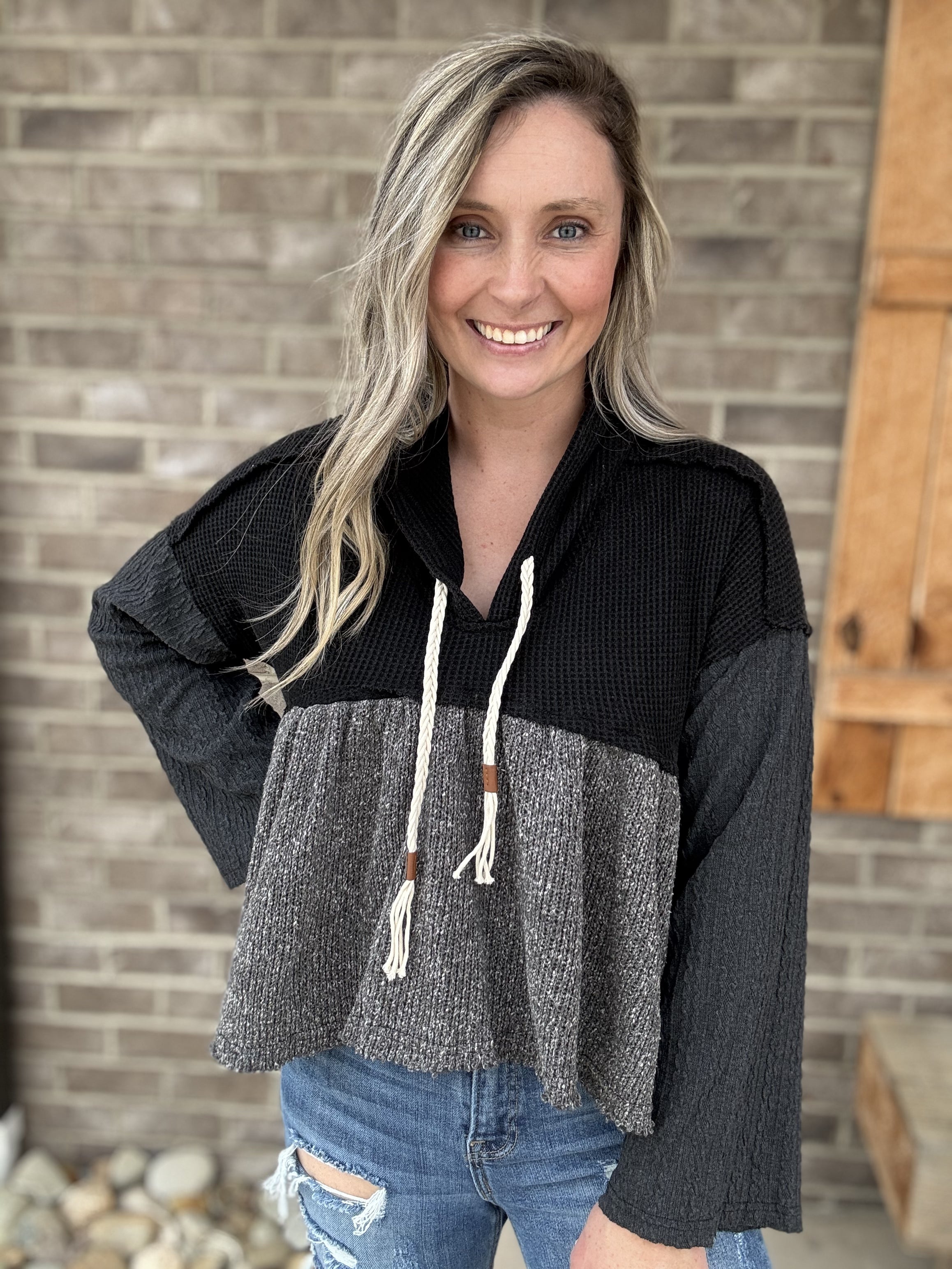 3702- Black Waffle High Low Crop Top W/ Long SLeeves – Brumleys Expressions